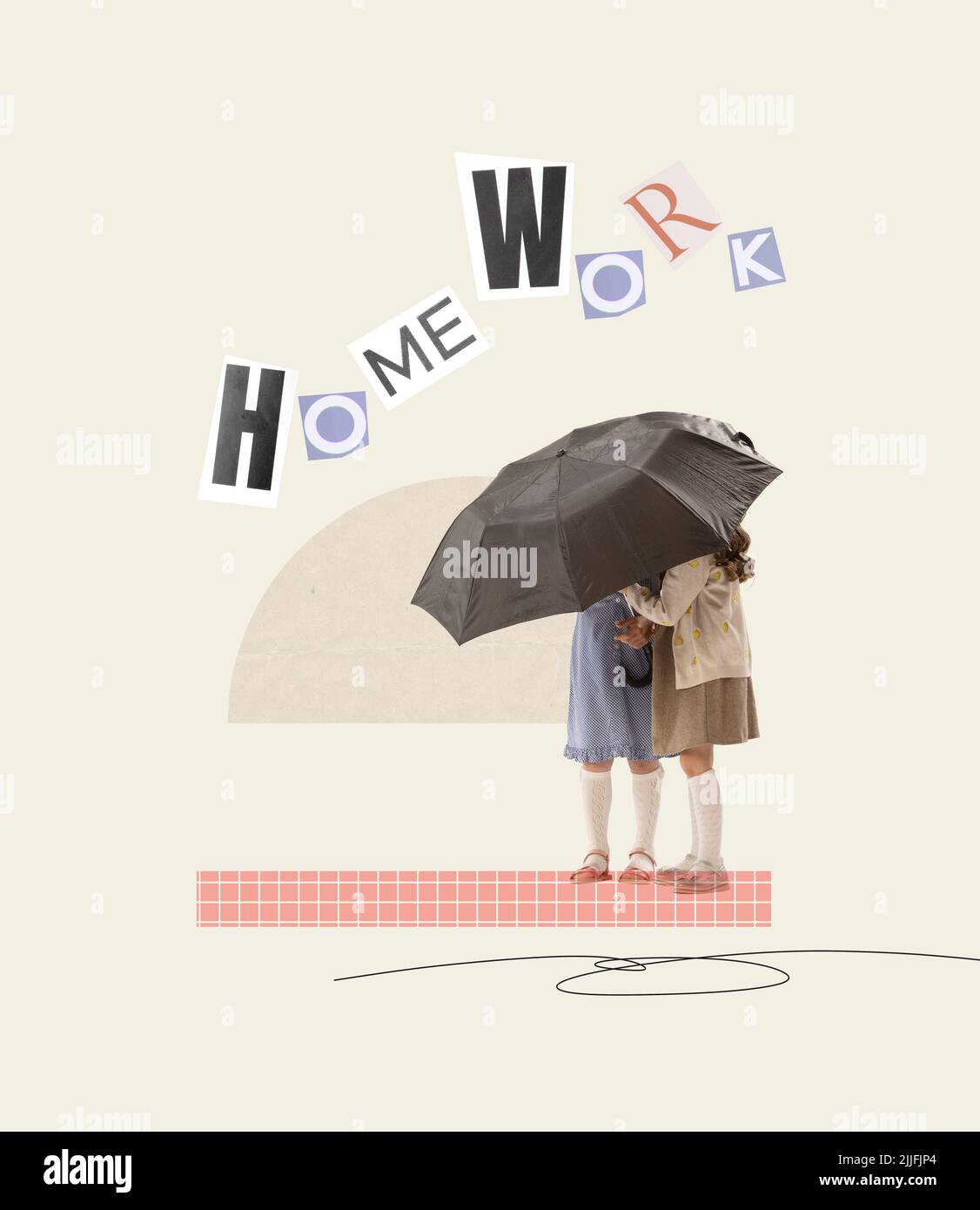 Contemporary art collage. Little girls hiding under big umbrella from ...