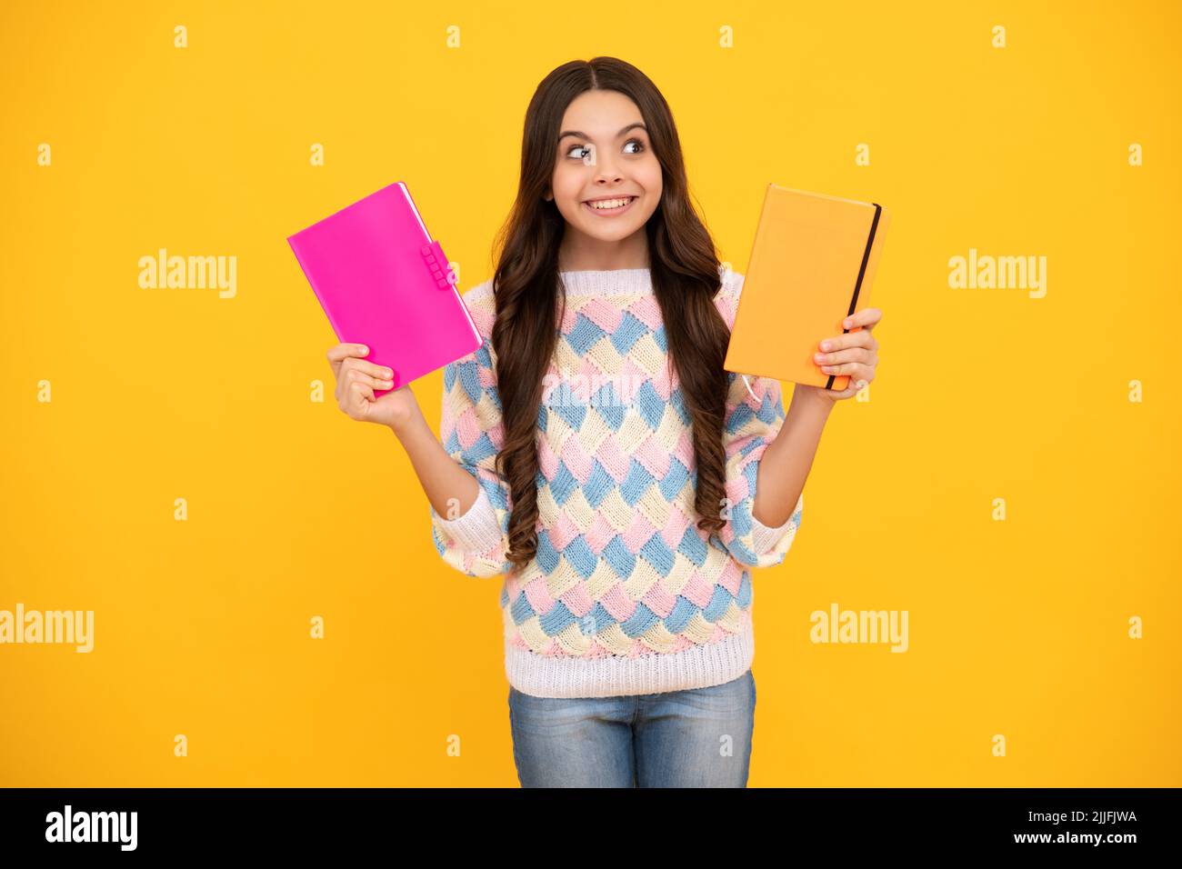 Excited face. Teenage school girl with books. Schoolgirl student ...