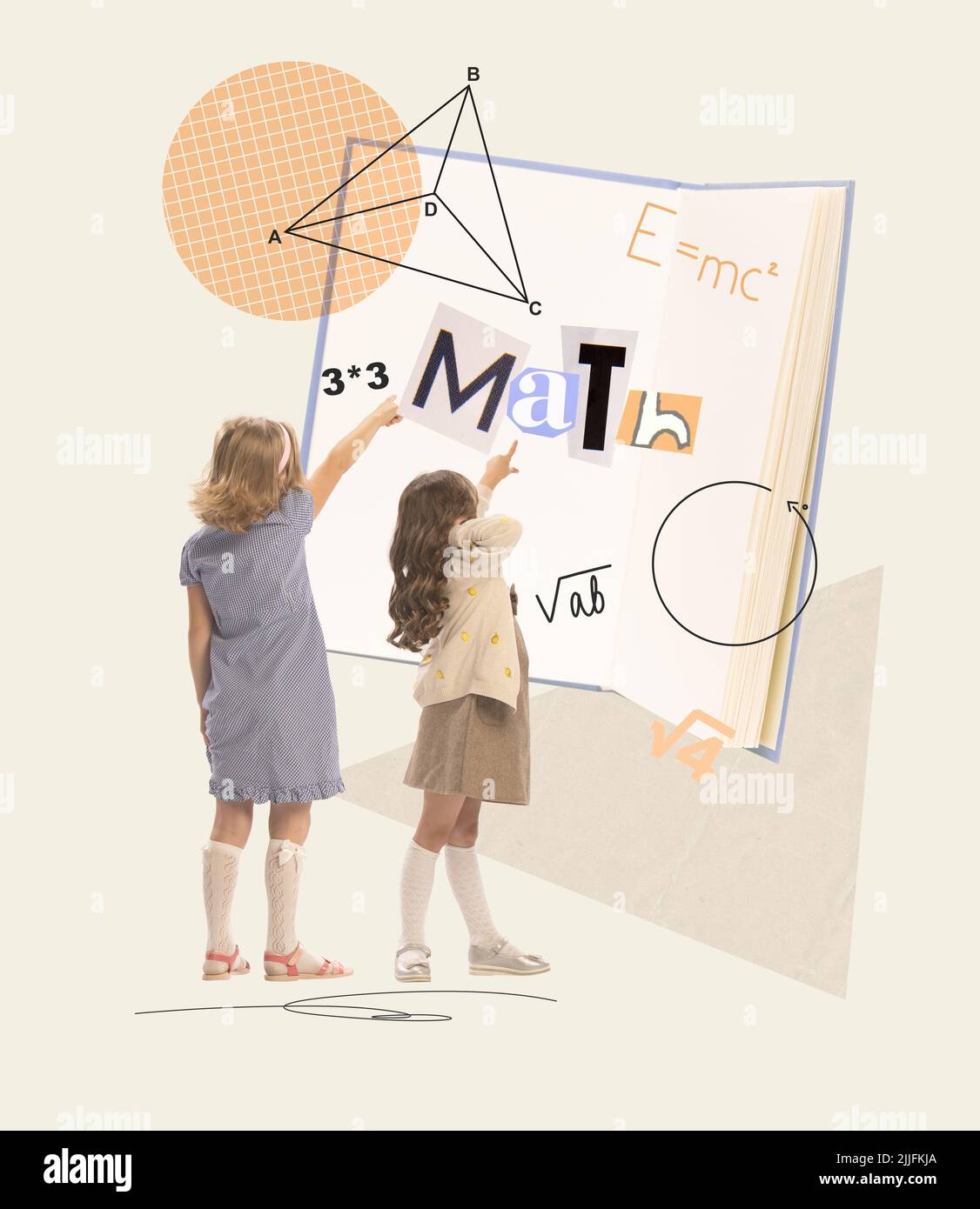 Contemporary art collage. Little girl, children standing near open math ...