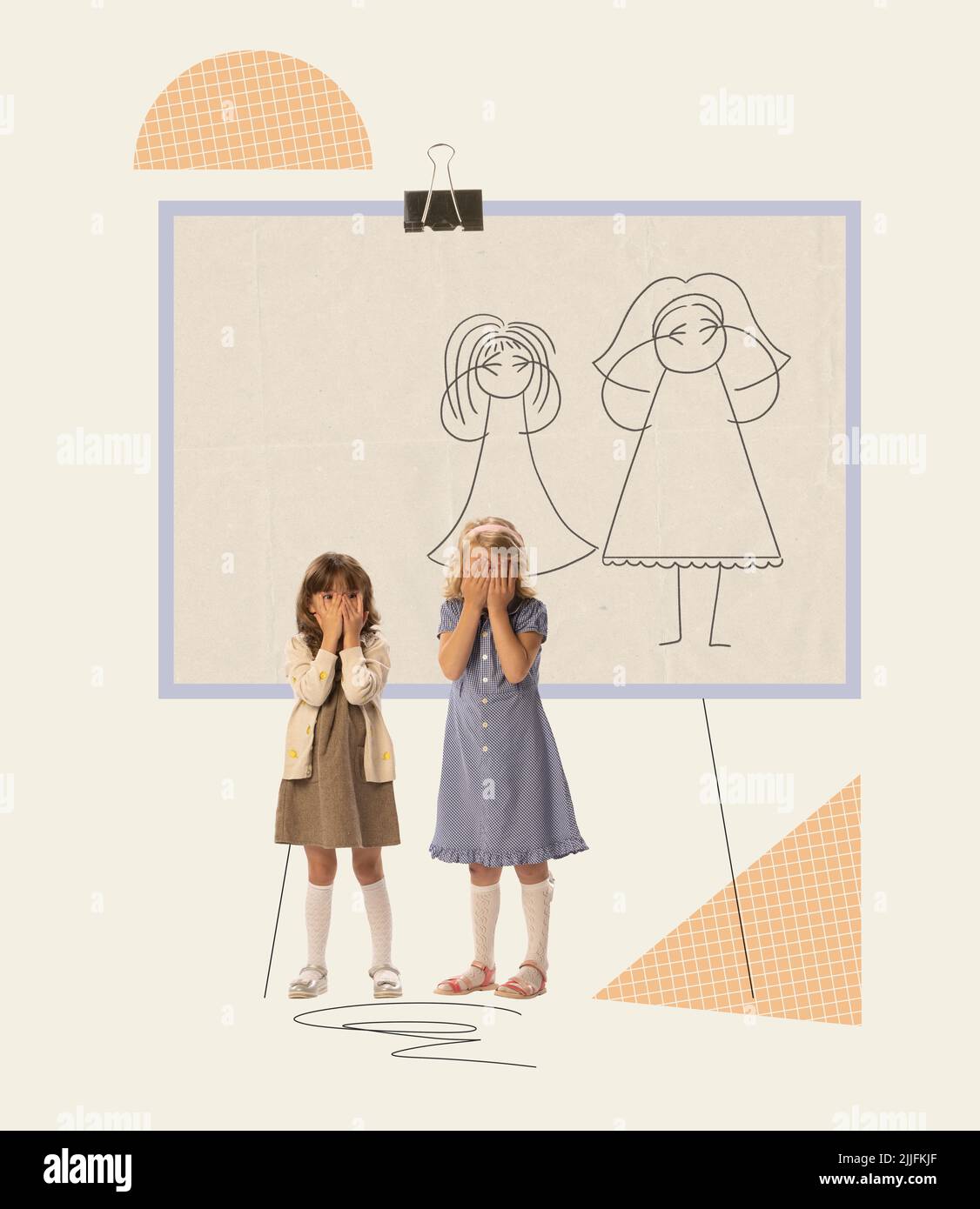 Contemporary art collage. Two little girls, children covering face. Art ...