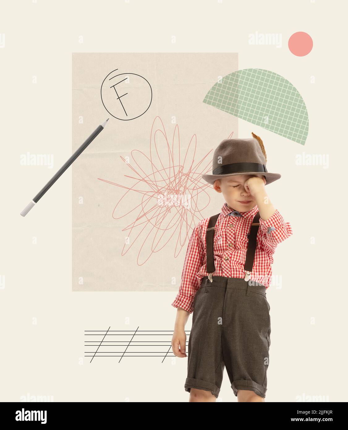 Contemporary art collage. Little boy rubbing eye, feeling sad about ...