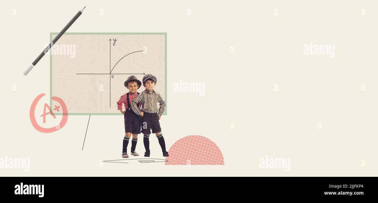 Contemporary art collage. Proud little boys, children standing near ...