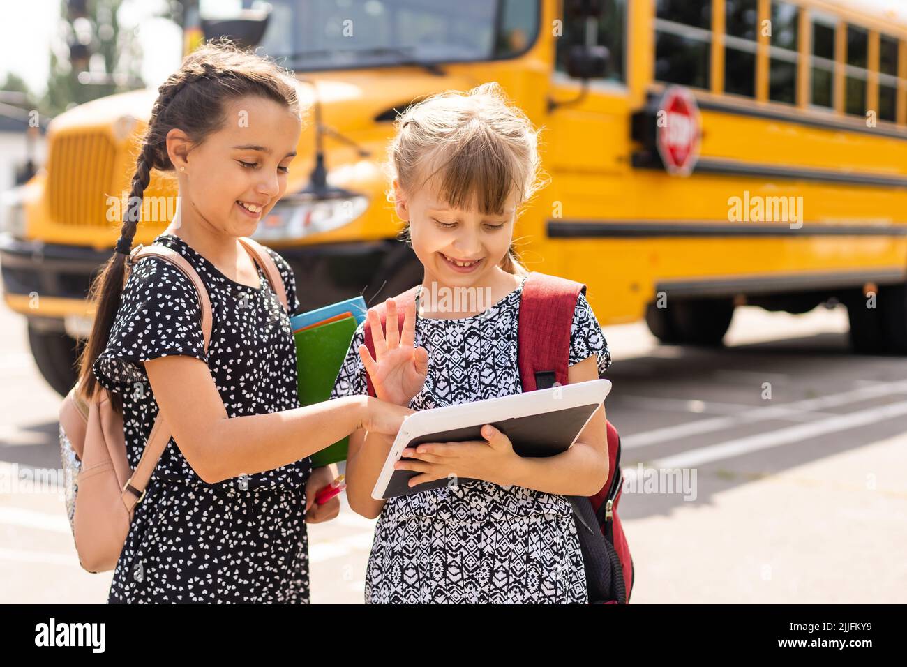 Child running school bus hi-res stock photography and images - Alamy