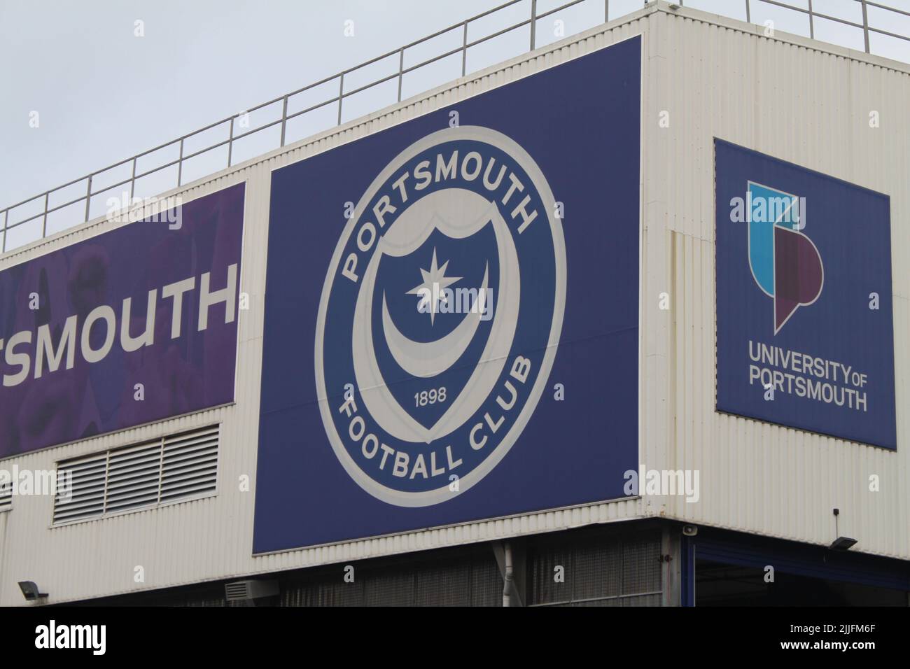 Portsmouth FC Sign on the back of the Fratton End Stand alongside ...