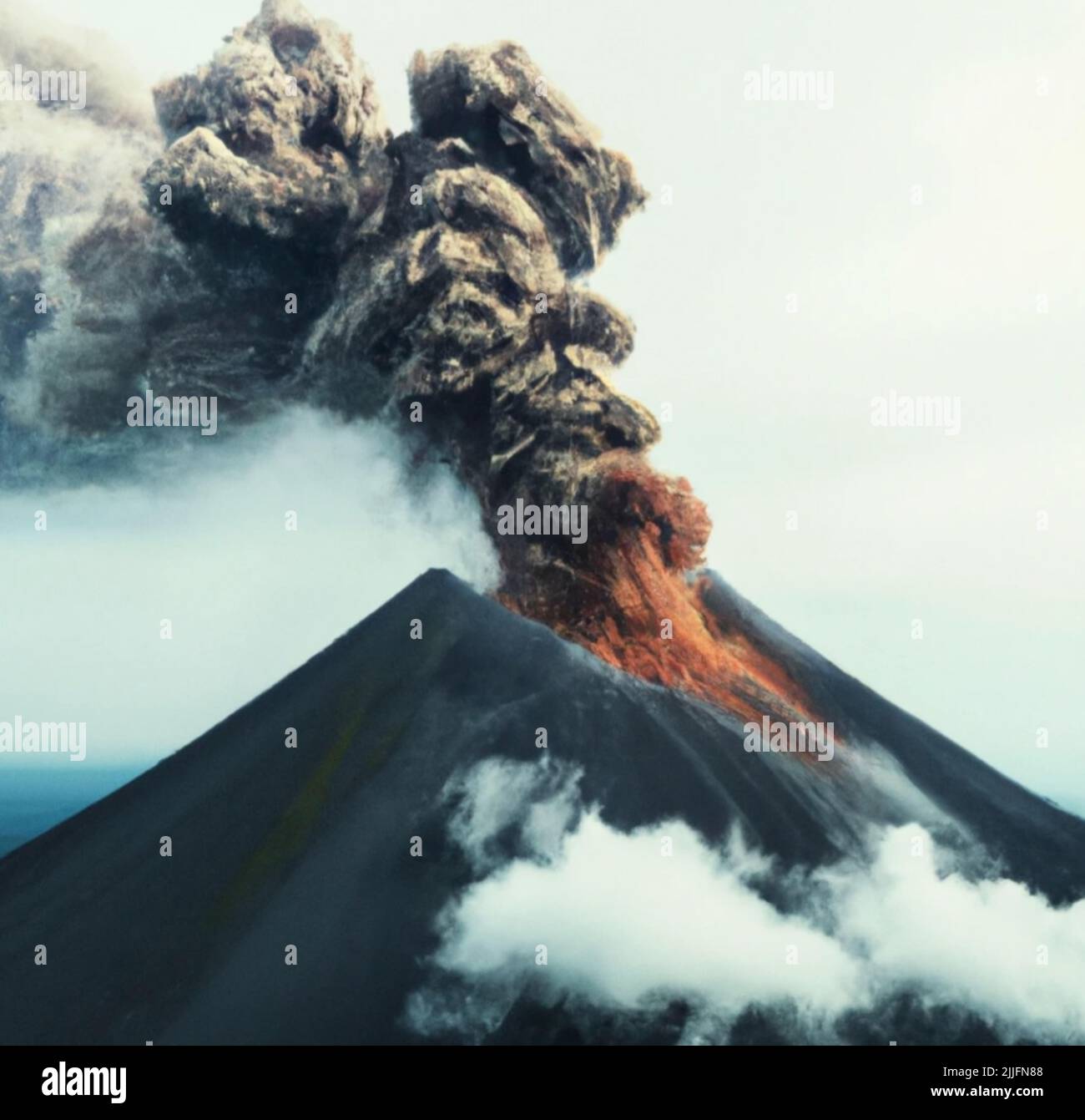 A breathtaking view of a volcano erupting against a cloudy sky Stock ...