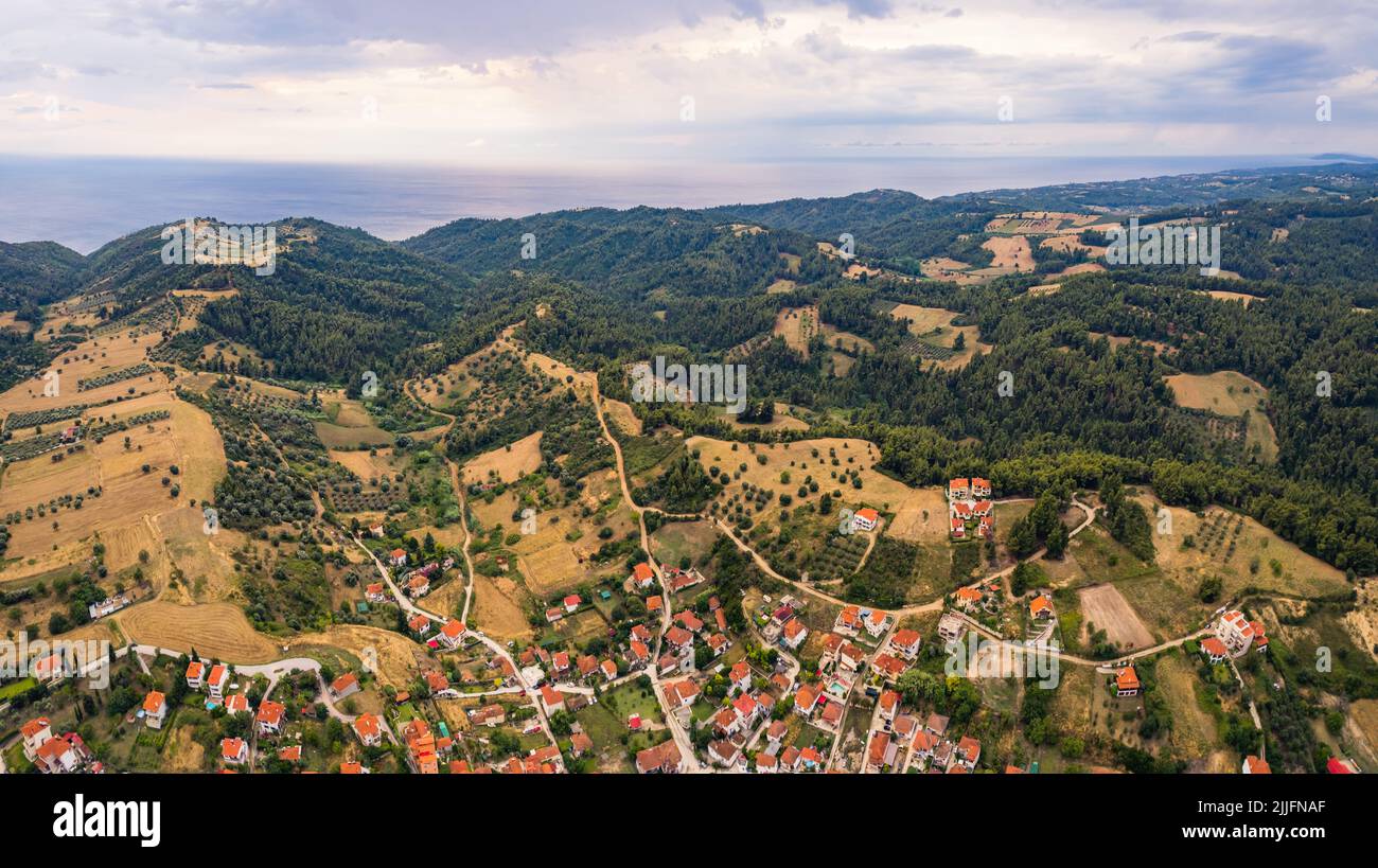 Panoramic aerial view of a traditional village in the midst of the ...