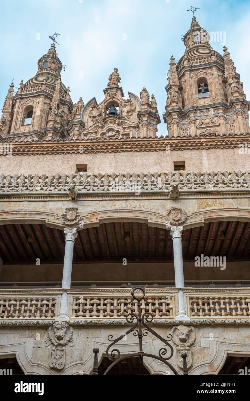 A low-angel view of the baroque style bell towers of La Clerecia Stock ...