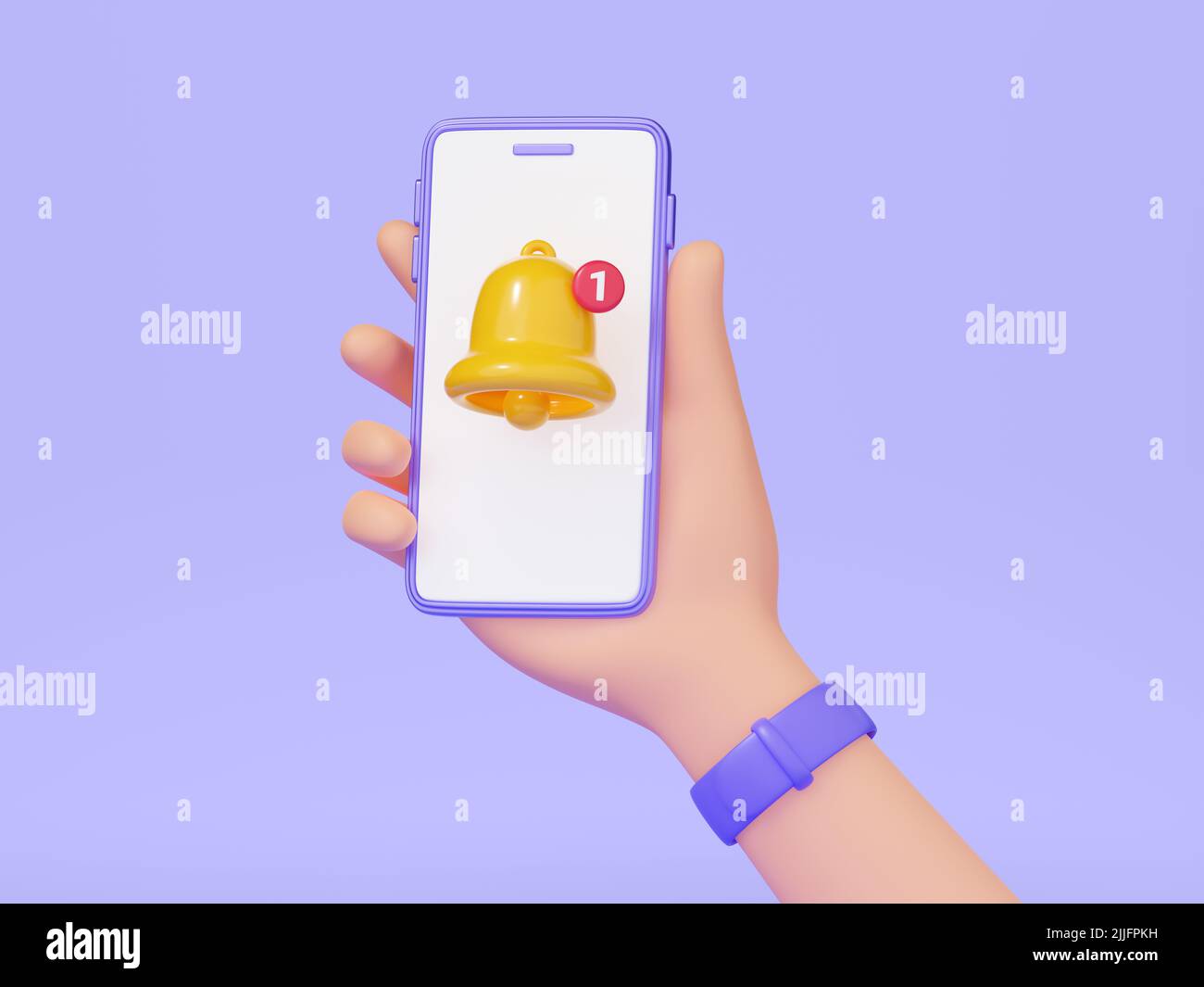 Notification bell - hand holding mobile phone with yellow bell on ...