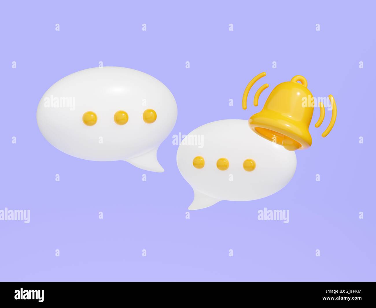 Notification bell on speech bubble with text 3d render. Cute cartoon ...