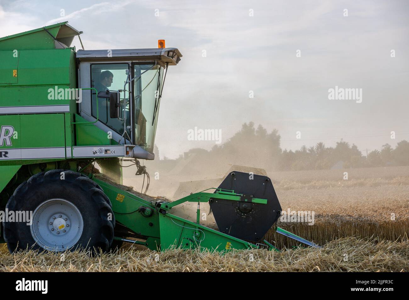 Wheat harvest in progress using combine harvesters. Setting sun ...