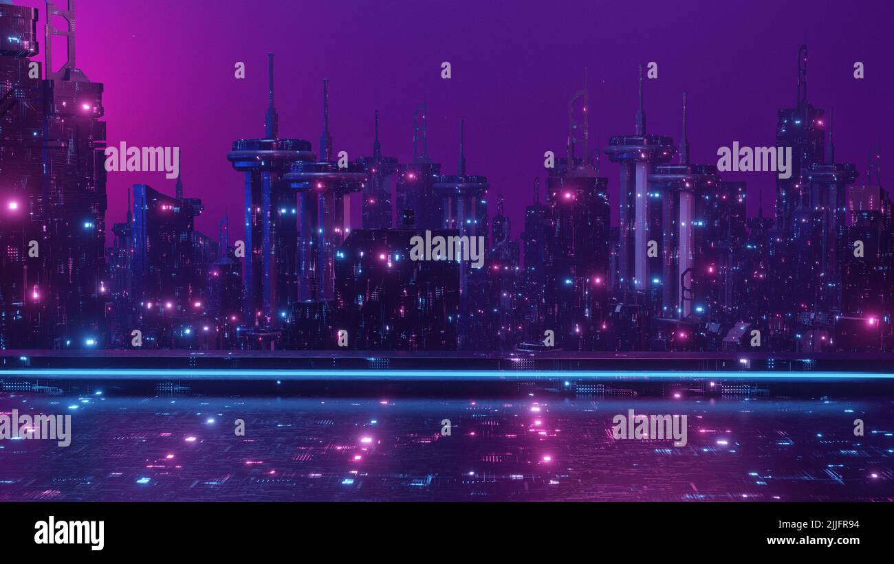Abstract background purple neon grids city silhouette in vintage style ...