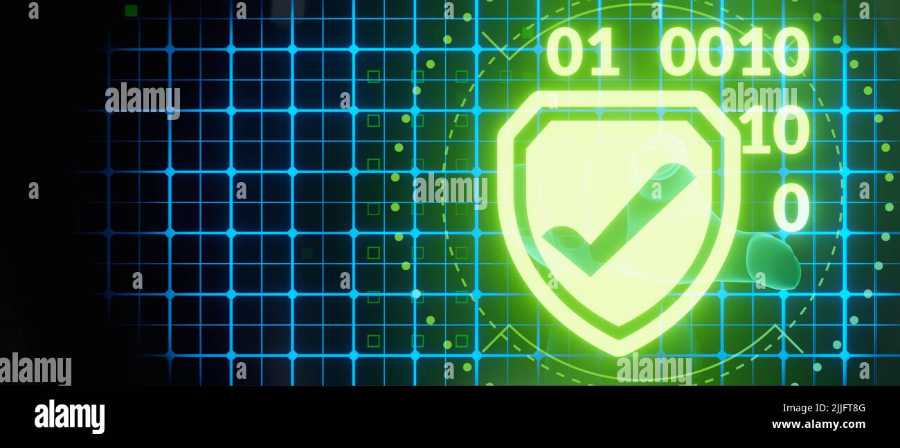 Cybersecurity binary shield check hand pressing background 3D Render ...