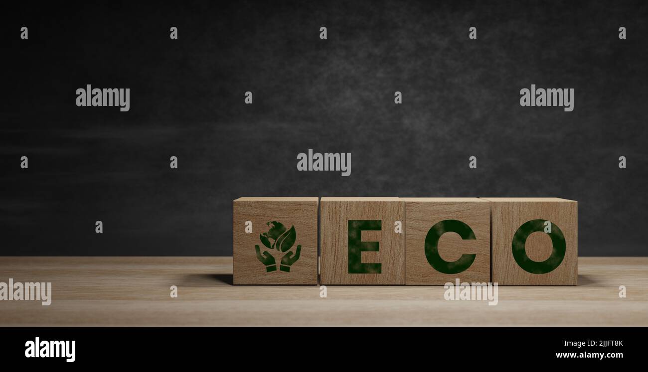 wooden blocks with the ecology symbol dark background and copy space ...