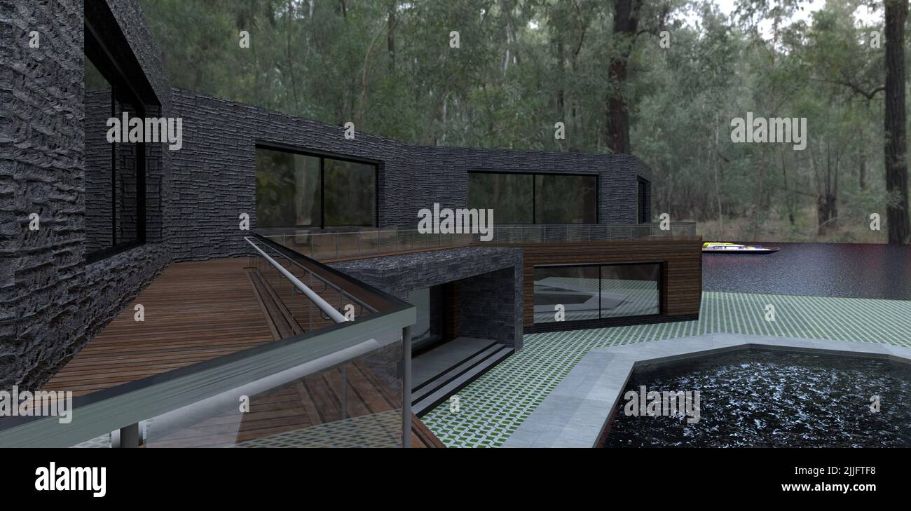 An unusual building on the shore of a quiet lake in a shady park ...