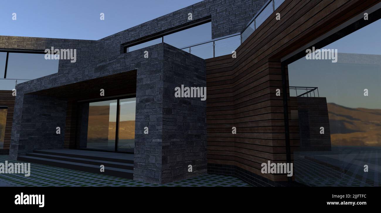 Front entrance to a non-standard building with a long terrace ...