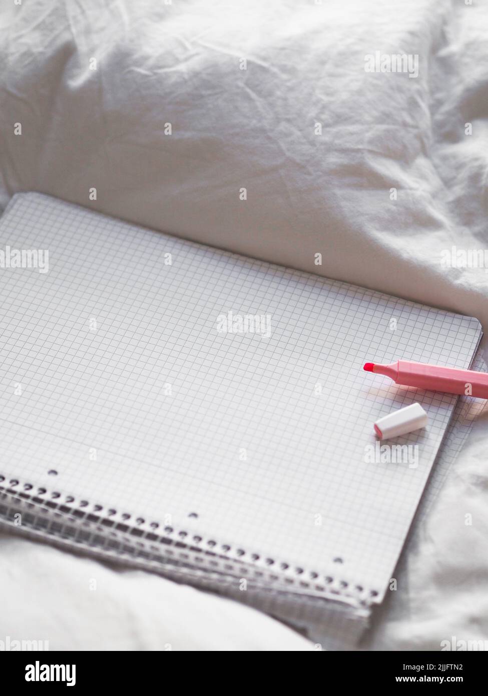 A vertical closeup of a squared notebook page with an open pink ...