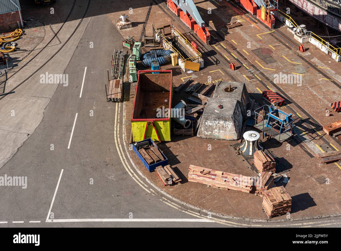 heavy weights and steel and crane stuff at a harbor dry dock uk Stock ...