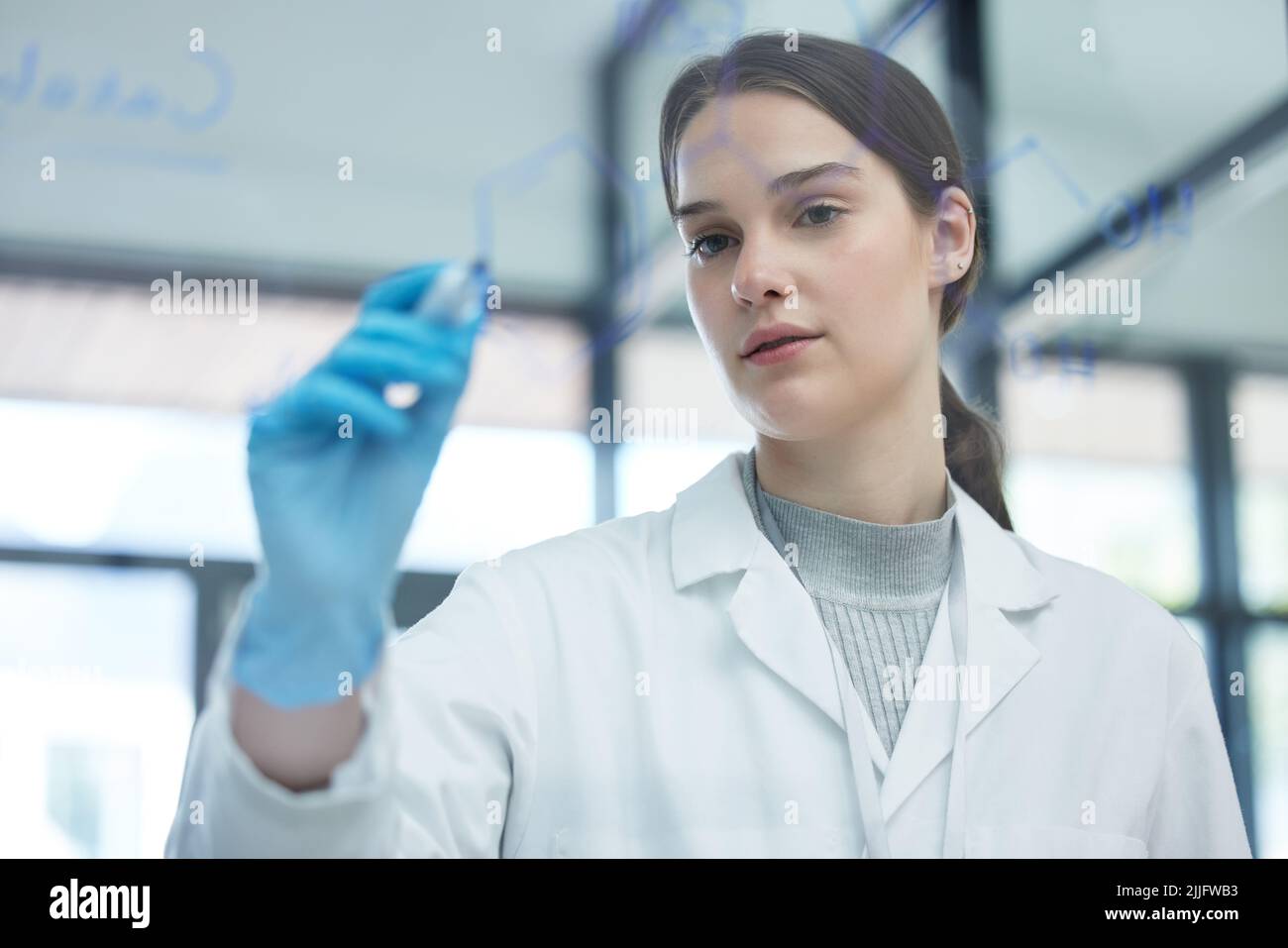 Putting her theory to the test. a scientist solving equations on a ...