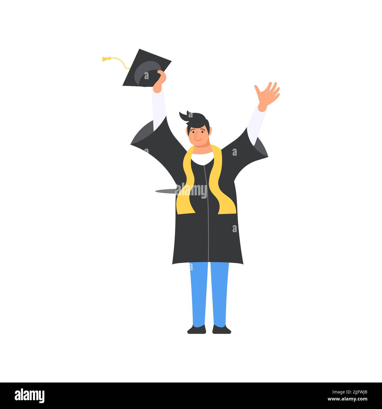Graduated man in academic dress and square cap jumping for joy ...