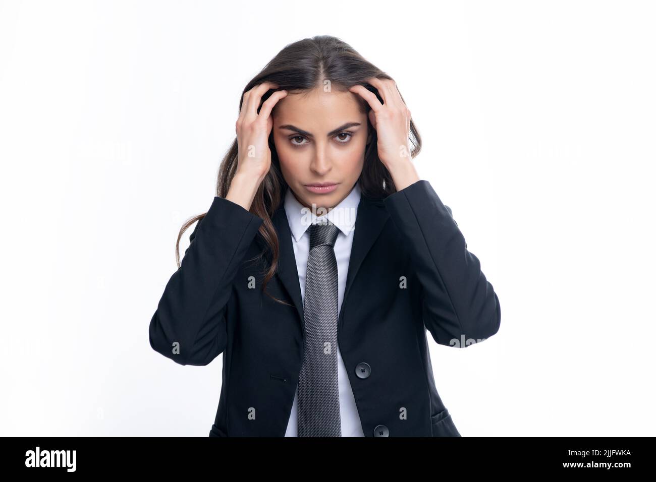 Portrait of young woman feeling stress or strain headache. Exhausted ...