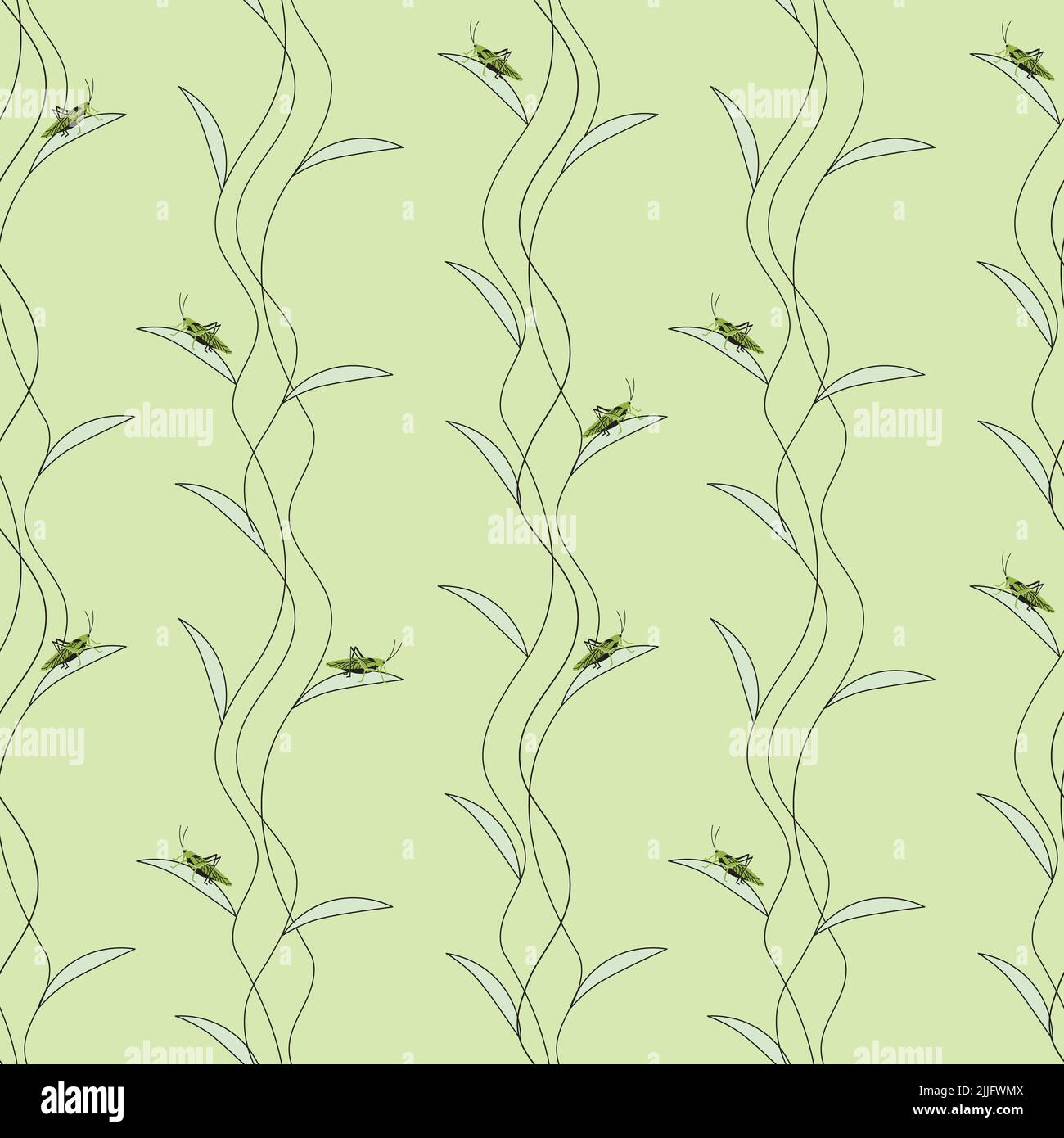 Vertical branches and grasshopper on pastel color background. Seamless ...