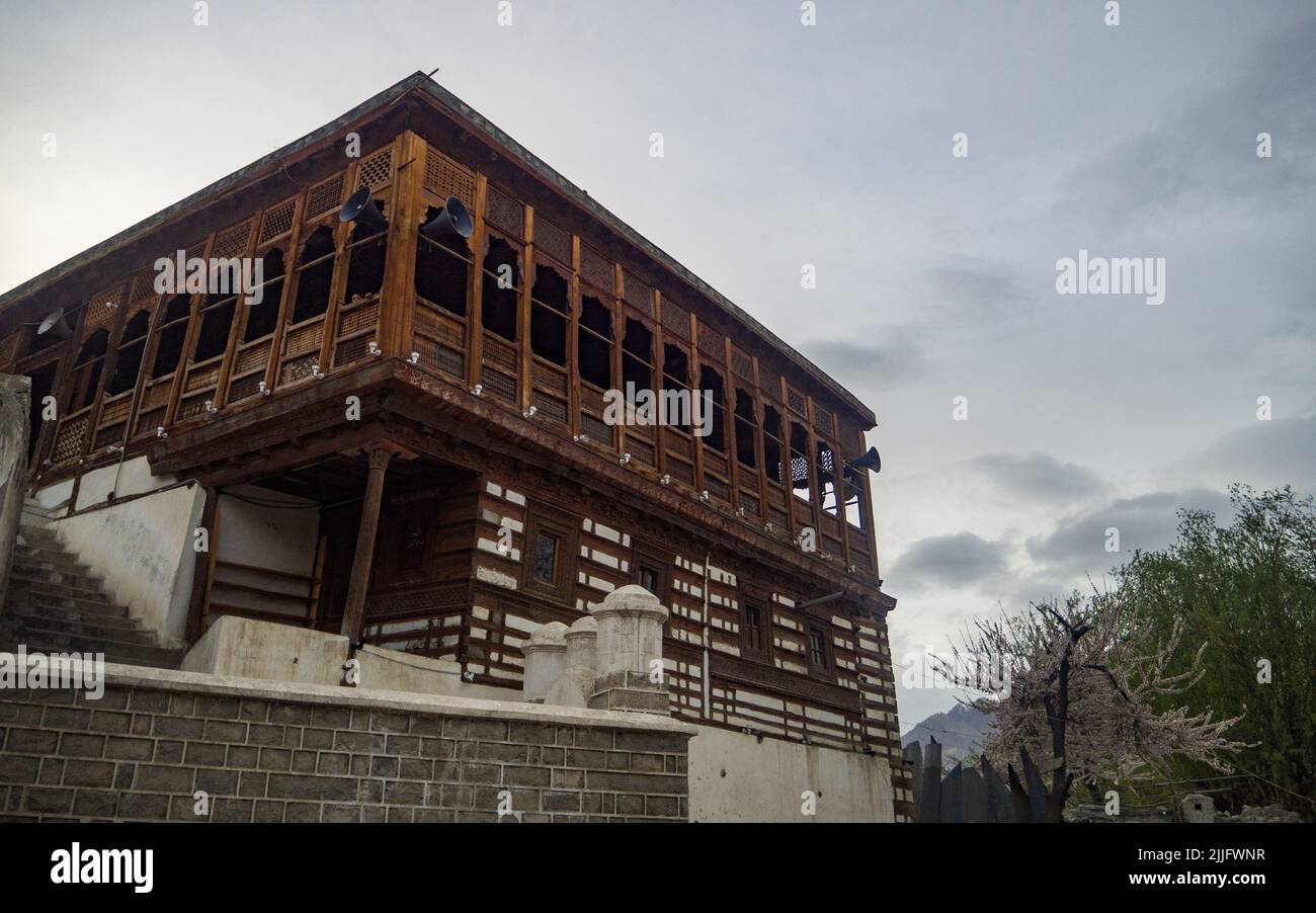 A low angle shot of Chaqchan Mosque in Khaplu, Pakistan against cloudy ...