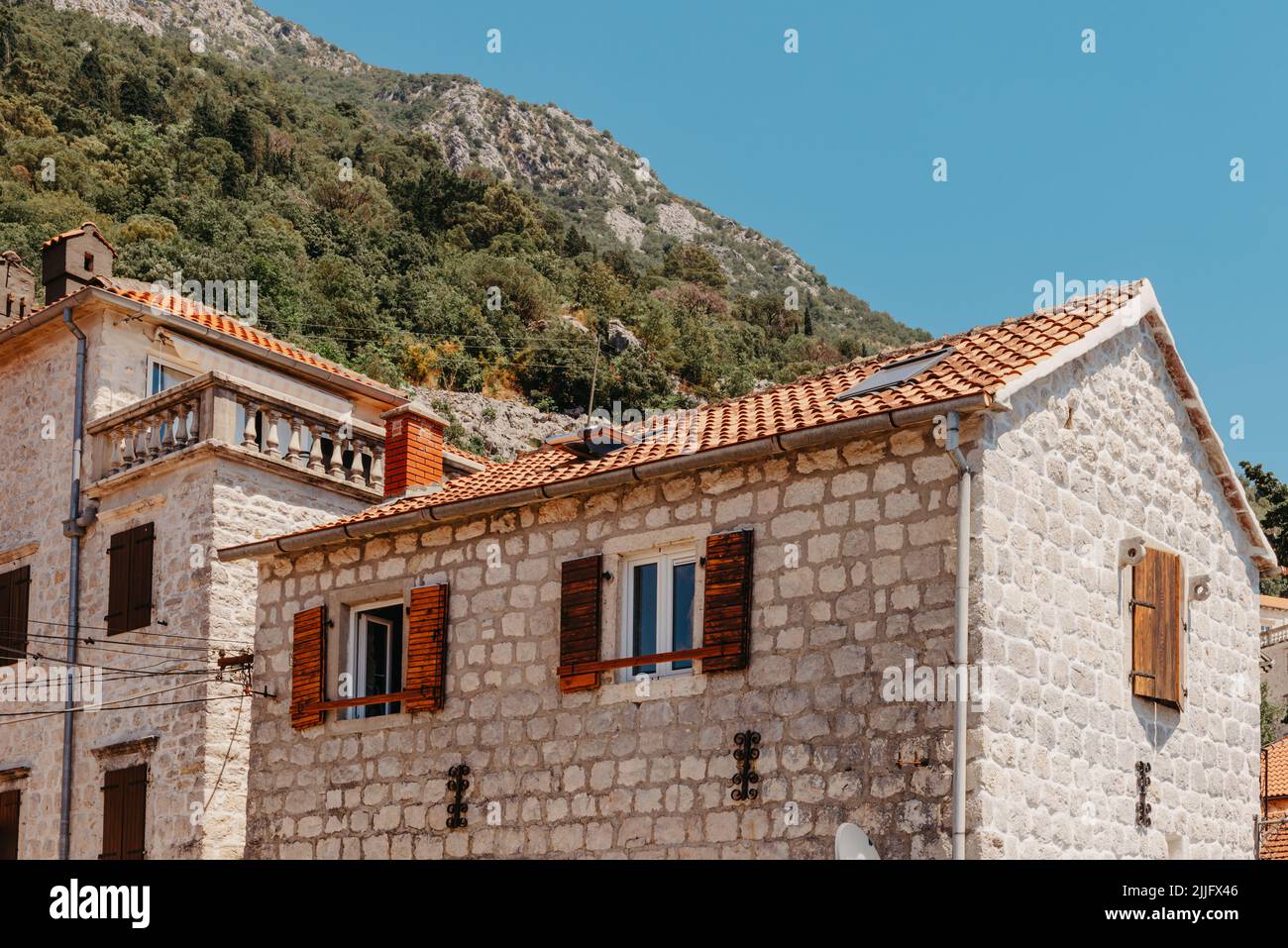 Historic city of Perast at Bay of Kotor in summer, Montenegro. Scenic ...