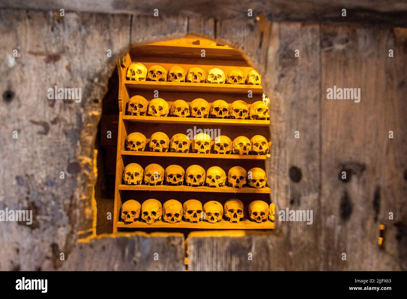 Ancient skulls of holy monks in the monastery Great Meteoron in Meteora ...