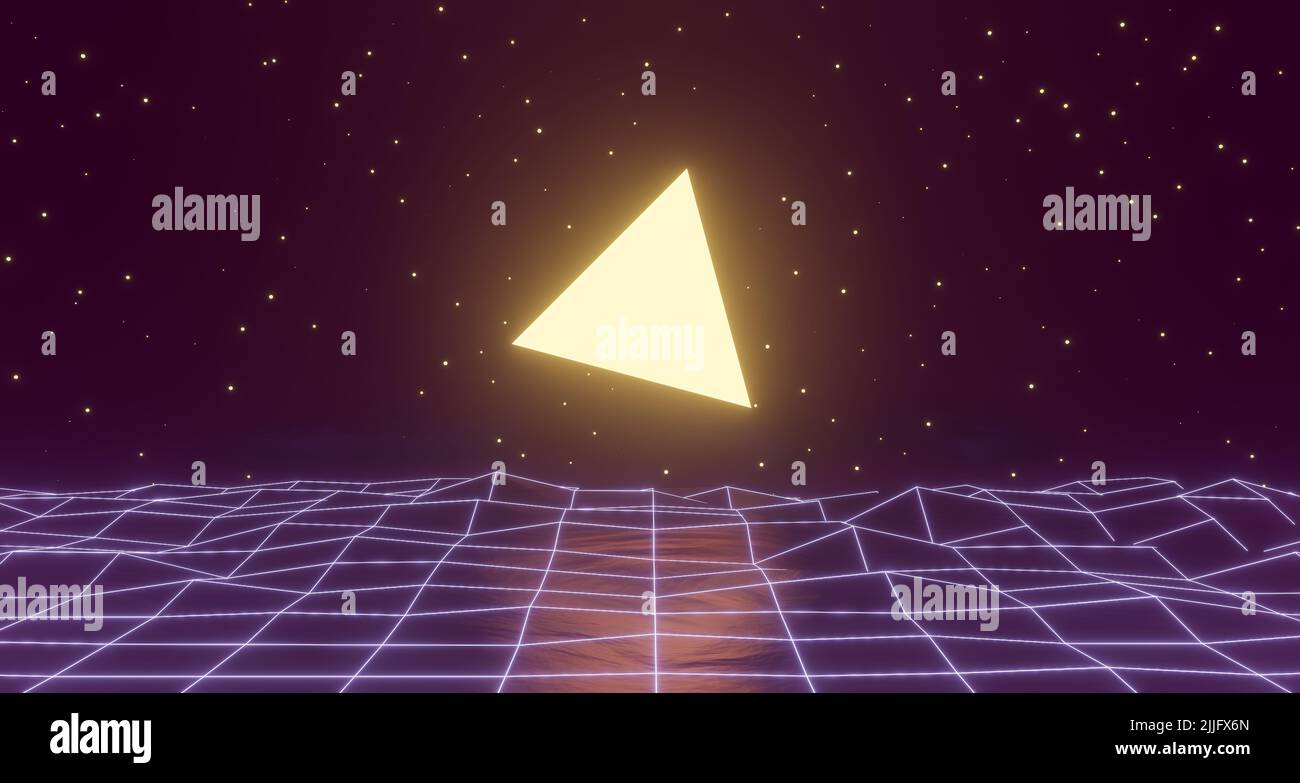 3d render, neon glowing geometric shape, retro wireframe poster Stock ...