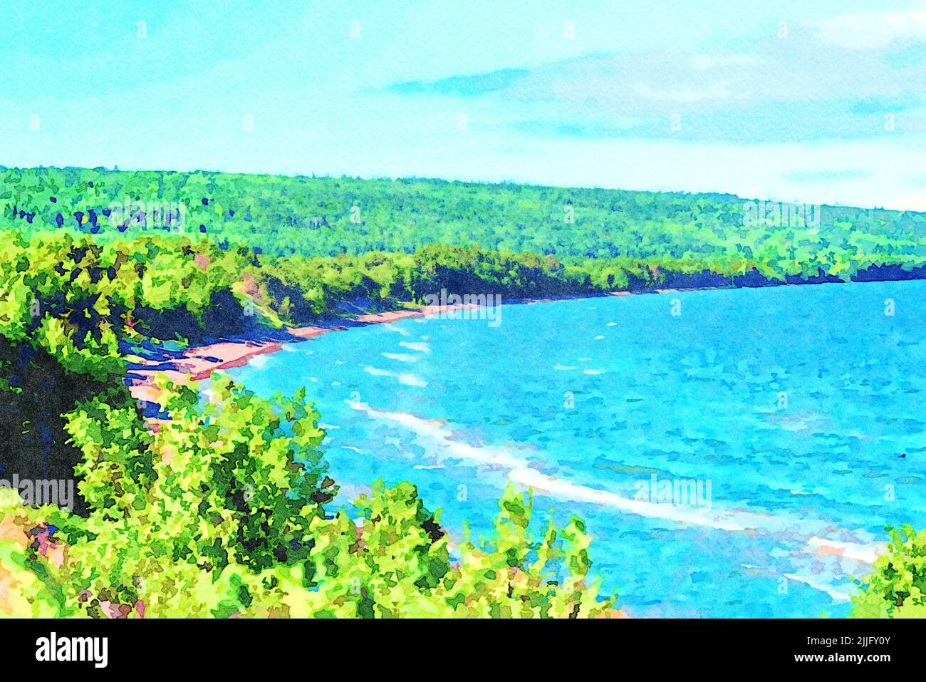 Digitally created watercolor painting of Great Sand Bay and beach on a ...