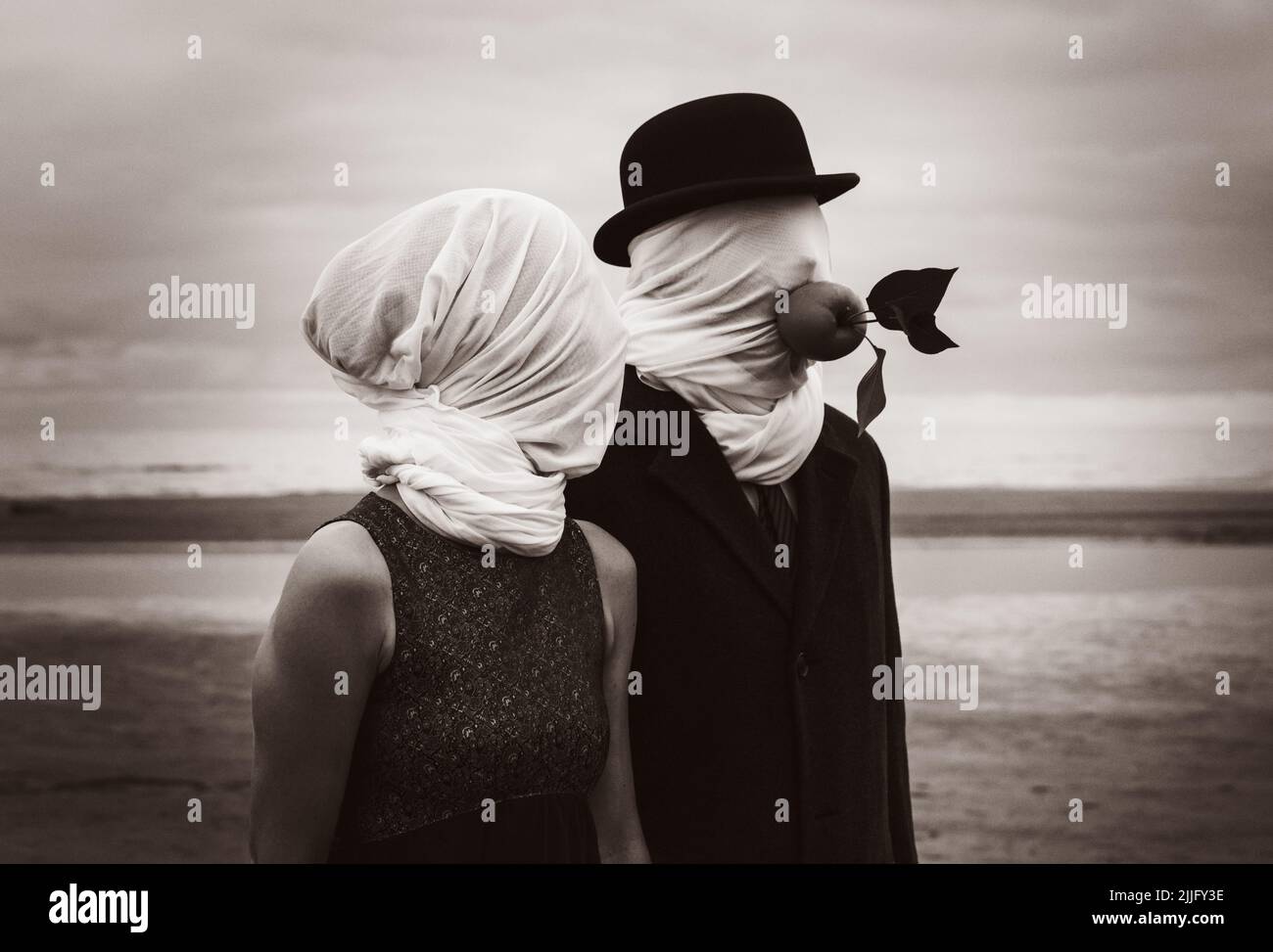 Faceless portrait of man and woman on sea background with white fabrics ...