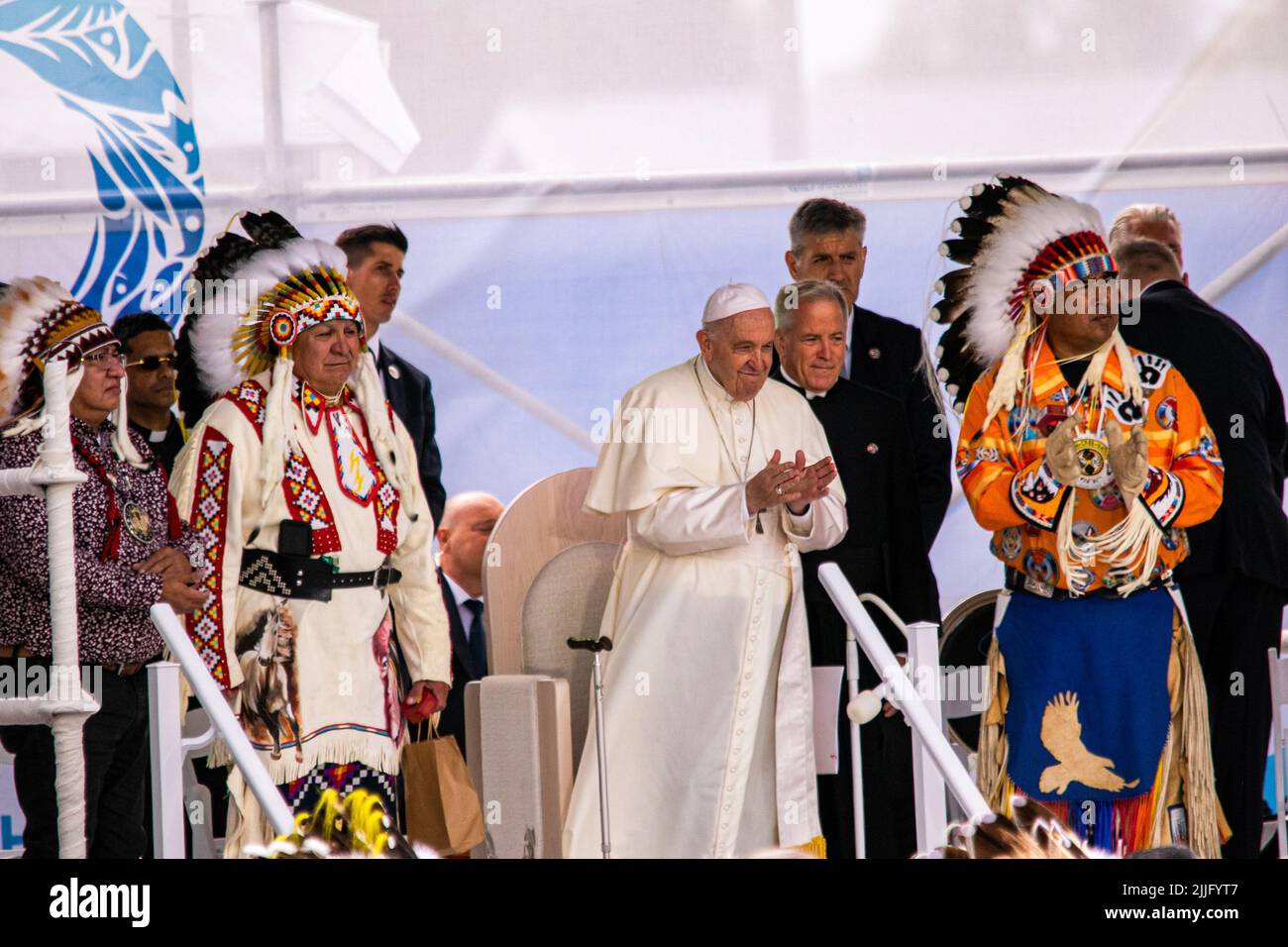 Pope Francis watches the Drum Circle and Singers during the Honor Song ...