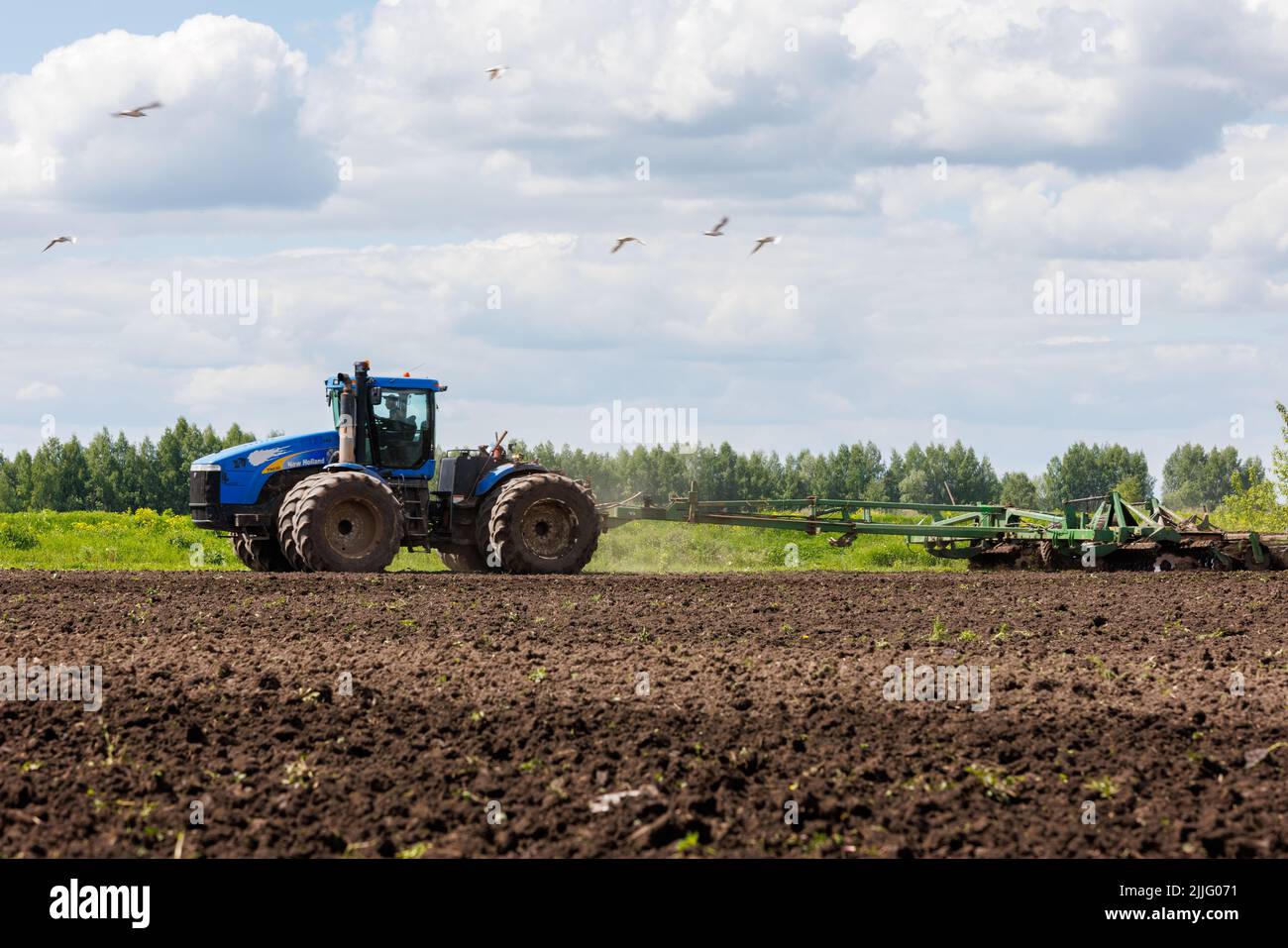Blue tractor with double wheels pulling disc harrow with roller basket ...