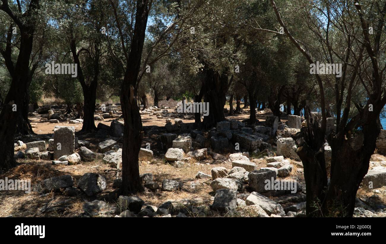 Ancient city of Kedrai in Sedir island, Turkey. Ancient ruins in Sedir ...