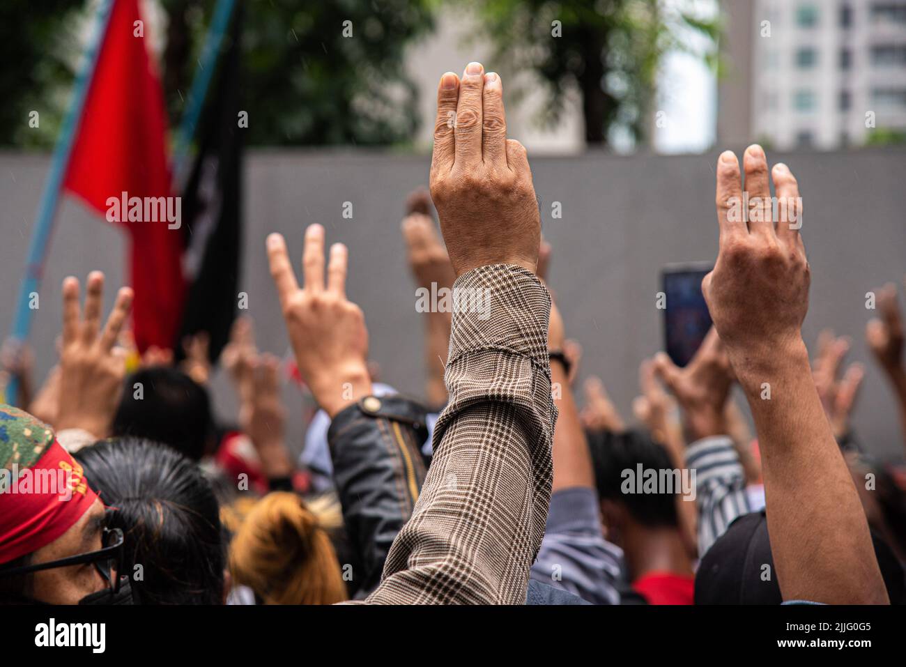 Bangkok, Thailand. 26th July, 2022. Protesters seen making three finger ...