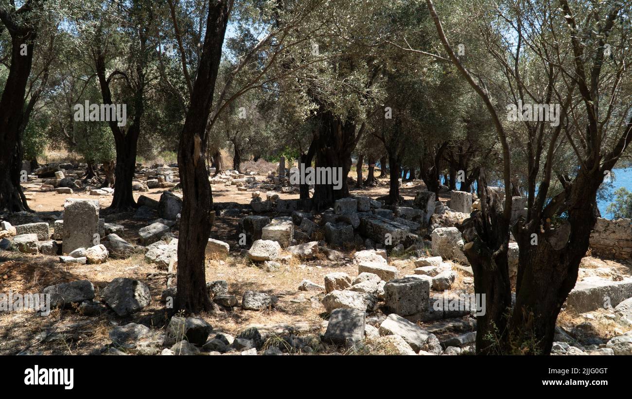 Ancient city of Kedrai in Sedir island, Turkey. Ancient ruins in Sedir ...