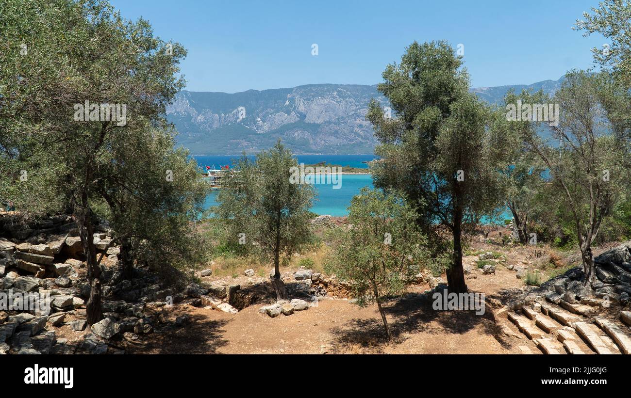 Ancient city of Kedrai in Sedir island, Turkey. Ancient ruins in Sedir ...