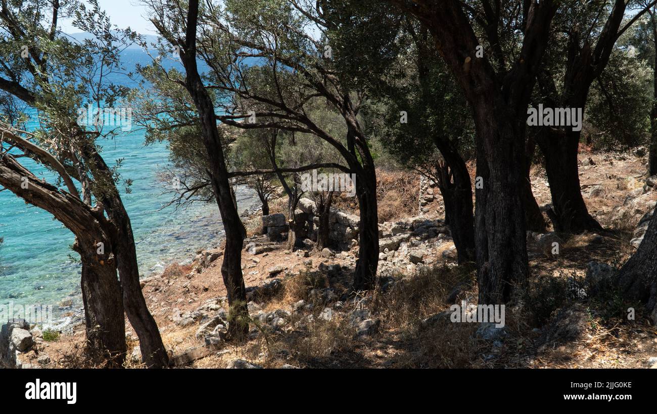 Ancient city of Kedrai in Sedir island, Turkey. Ancient ruins in Sedir ...