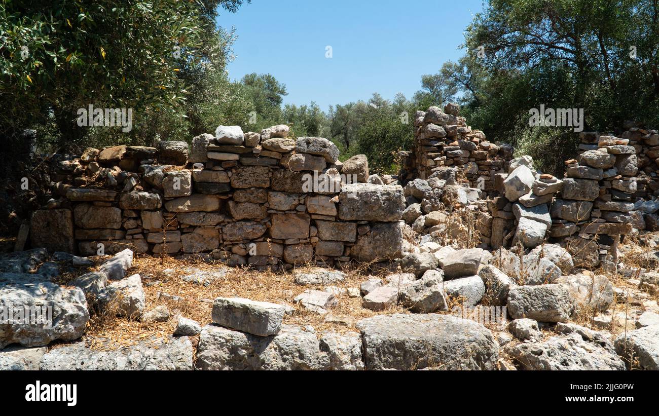 Ancient city of Kedrai in Sedir island, Turkey. Ancient ruins in Sedir ...
