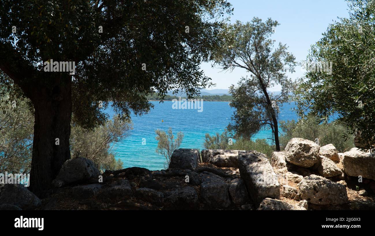 Ancient city of Kedrai in Sedir island, Turkey. Ancient ruins in Sedir ...