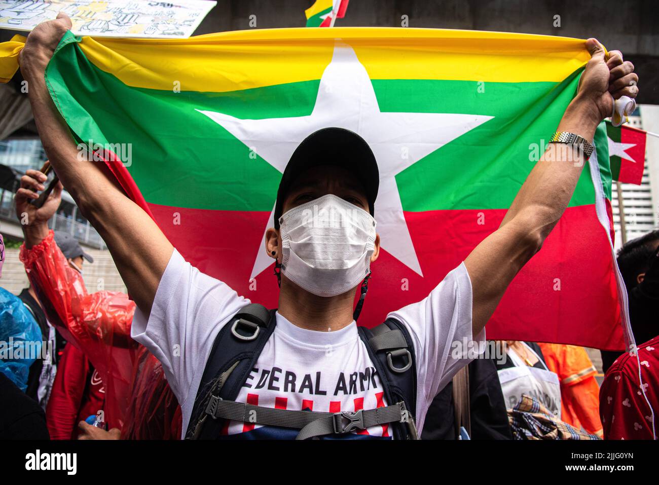 Bangkok, Thailand. 26th July, 2022. A protester seen holding a Myanmar ...