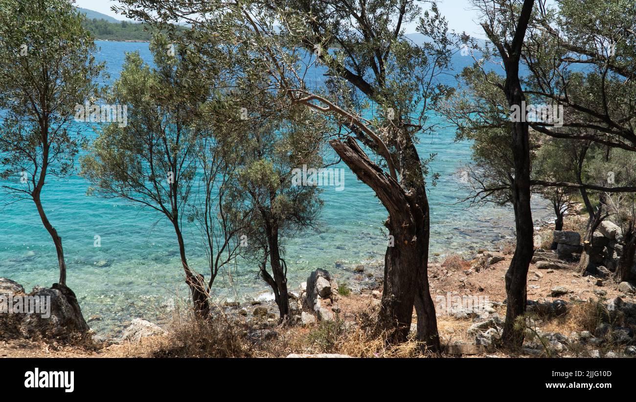 Ancient city of Kedrai in Sedir island, Turkey. Ancient ruins in Sedir ...