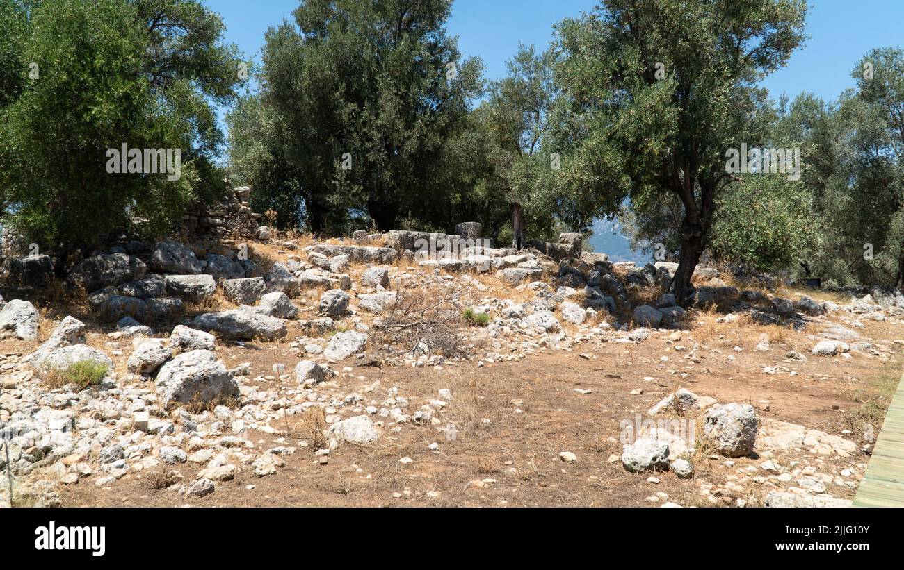 Ancient city of Kedrai in Sedir island, Turkey. Ancient ruins in Sedir ...