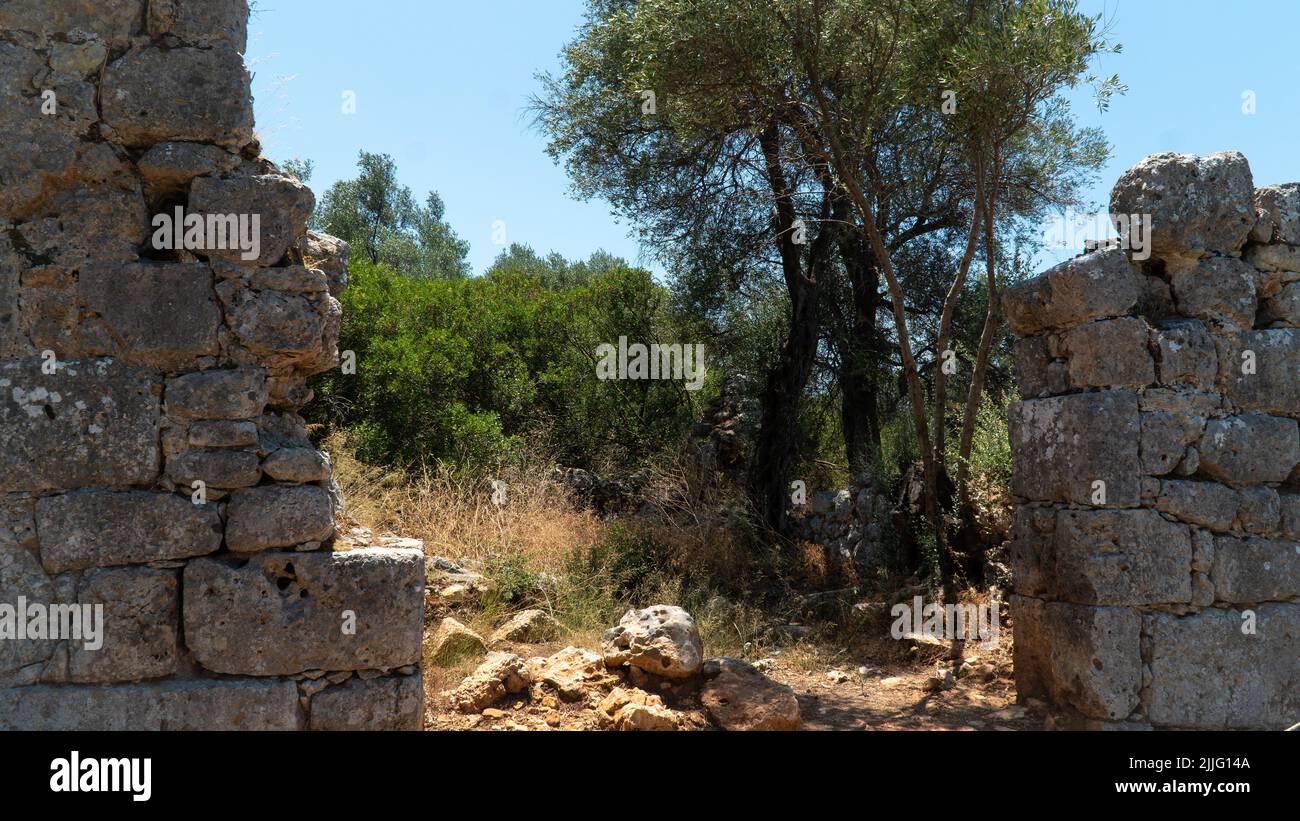 Ancient city of Kedrai in Sedir island, Turkey. Ancient ruins in Sedir ...