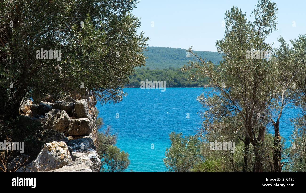 Ancient city of Kedrai in Sedir island, Turkey. Ancient ruins in Sedir ...