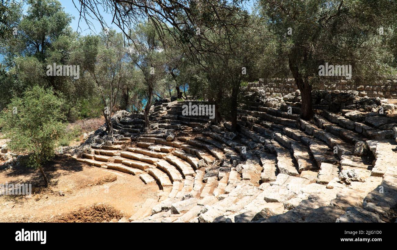 Ancient city of Kedrai in Sedir island, Turkey. Ancient ruins in Sedir ...