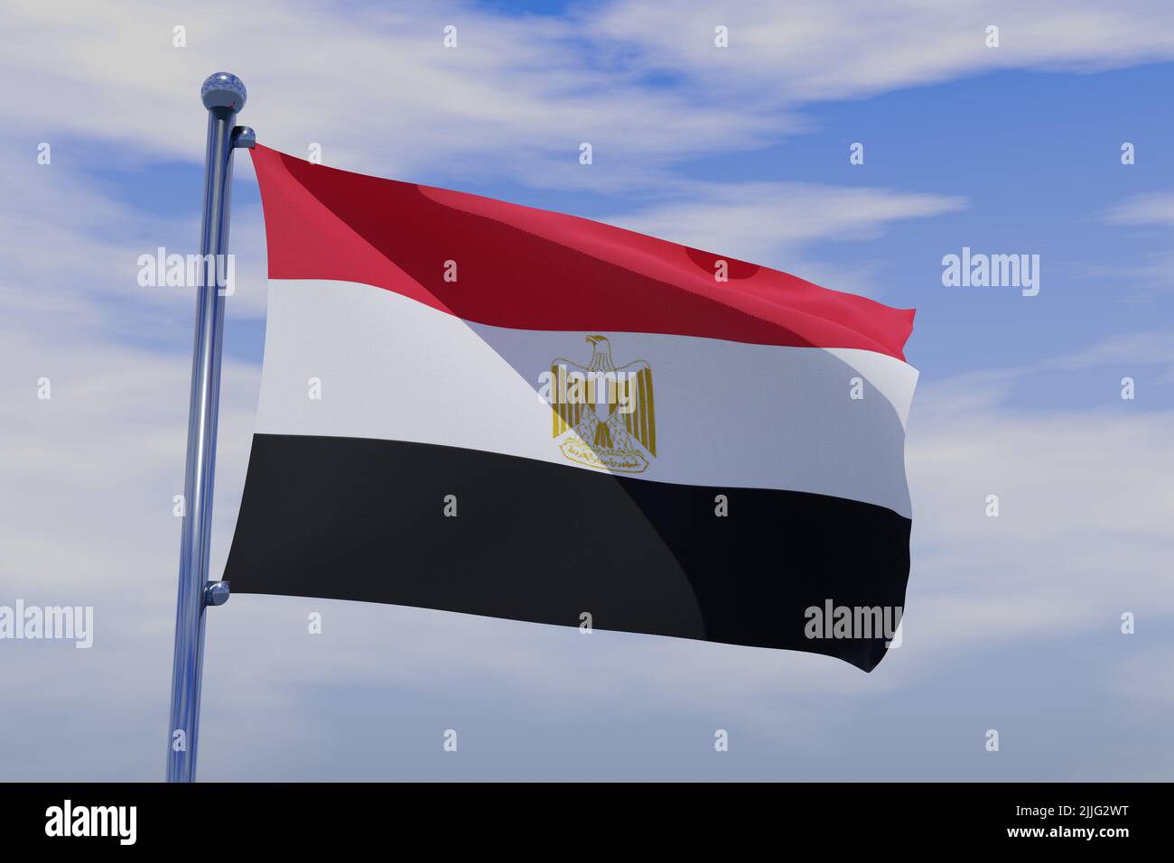A 3D rendering of the waving flag of Egypt on a pole against the cloudy ...