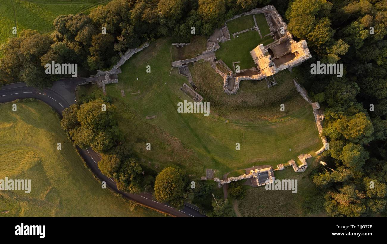 An aerial view of the England and Scotland border, castle ruins, a ...