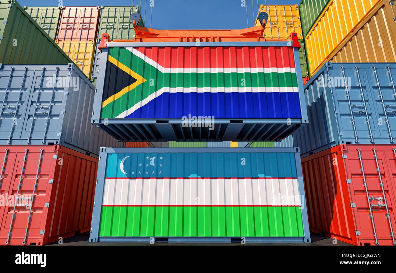 Cargo containers with Uzbekistan and South Africa national flags. 3D Rendering Stock Photo - Alamy