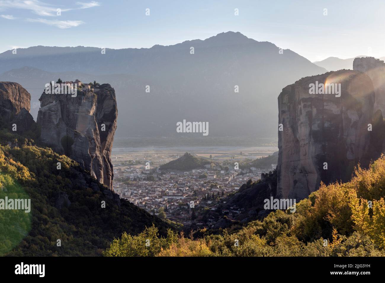 The huge rock pillars formation of Meteora over the Kalampaka town ...